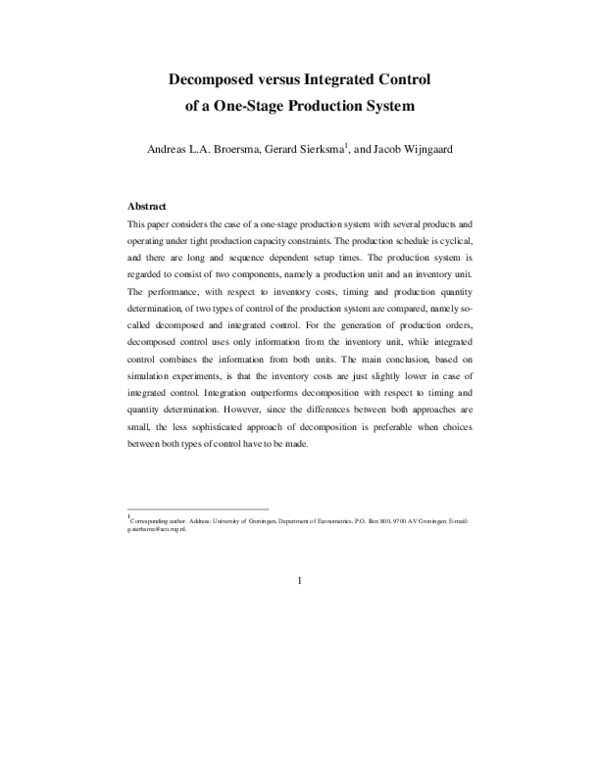 (PDF) Decomposed versus integrated control of a one-stage production system