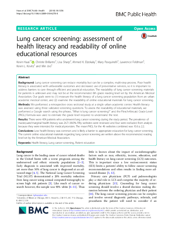 (PDF) Lung cancer screening: assessment of health literacy and ...