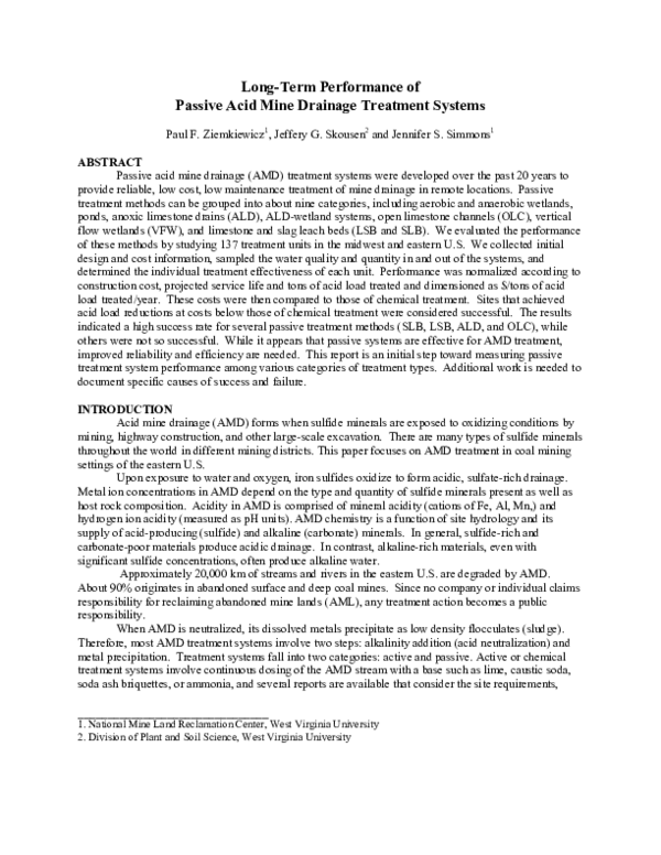 (PDF) Long-term Performance of Passive Acid Mine Drainage Treatment Systems