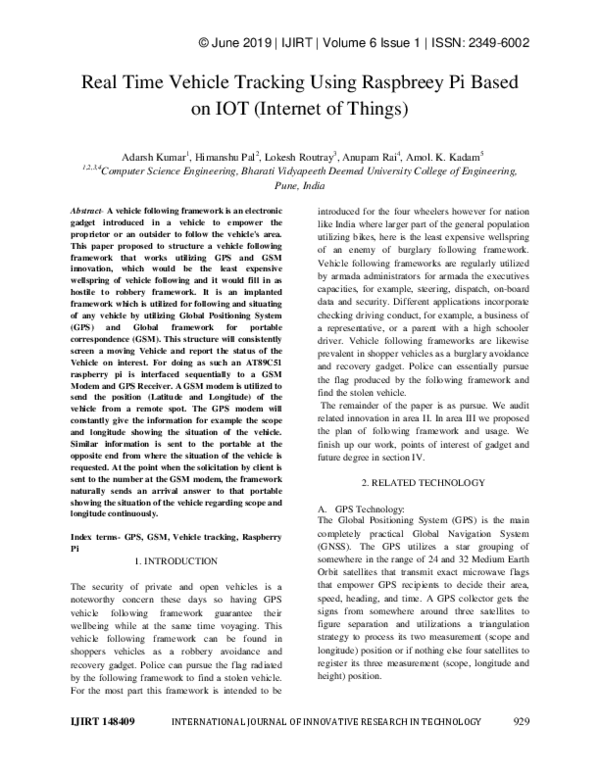 Pdf Vehicle Tracking System Based On Iot Using Raspberry Pi
