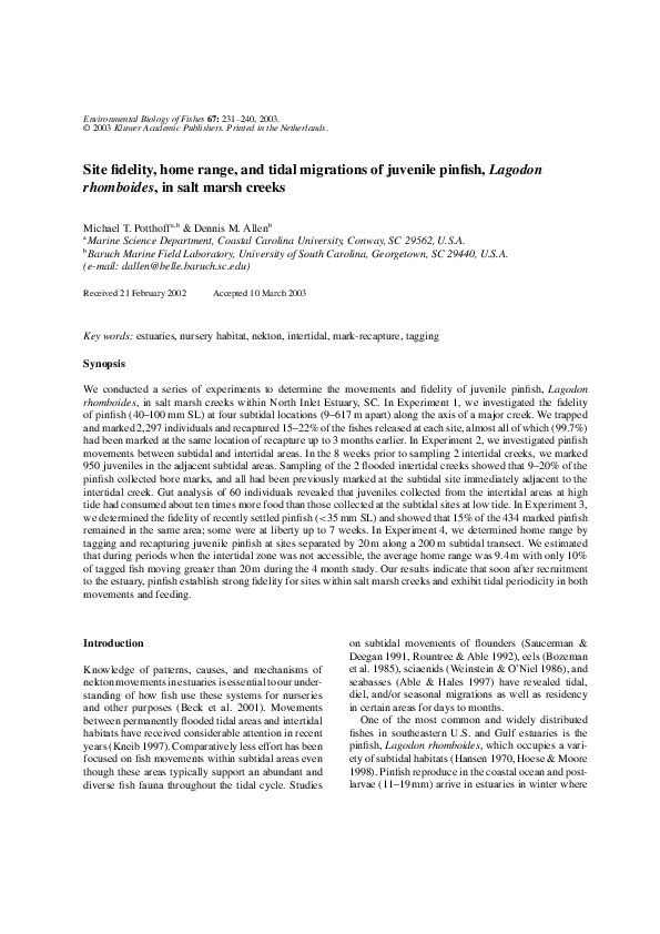 (PDF) Site fidelity, home range, and tidal migrations of juvenile ...
