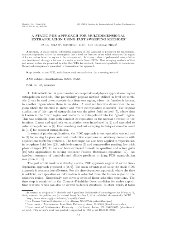 (PDF) A static PDE Approach for MultiDimensional Extrapolation Using Fast Sweeping Methods