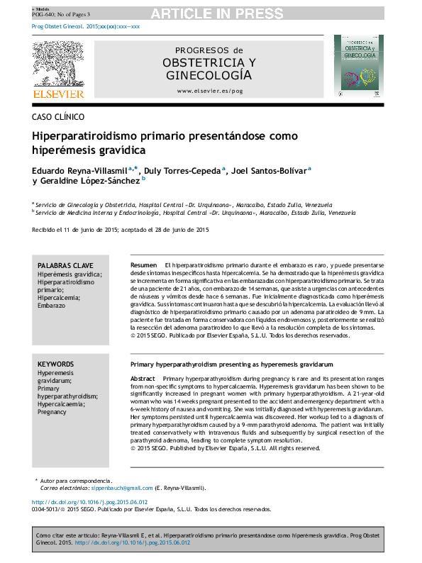 (PDF) Hiperparatiroidismo primario presentándose como hiperémesis gravídica
