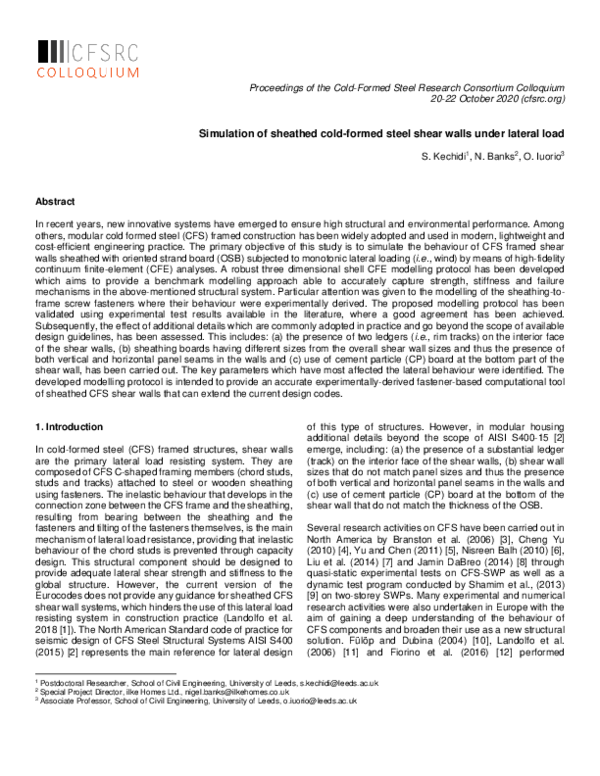 (PDF) Simulation of sheathed cold-formed steel shear walls under ...