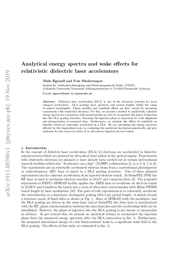 (PDF) Analytical energy spectra and wake effects for relativistic dielectric laser accelerators ...