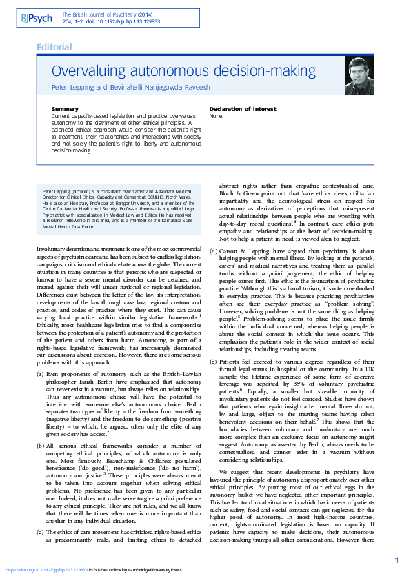 (PDF) Overvaluing autonomous decision-making