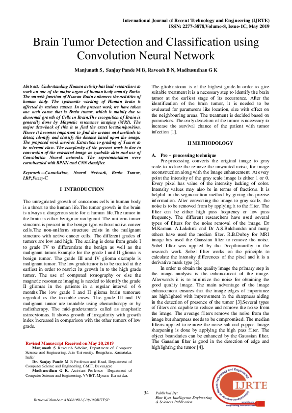 Pdf Brain Tumor Detection And Classification Using Convolution Neural Network Bevinahalli