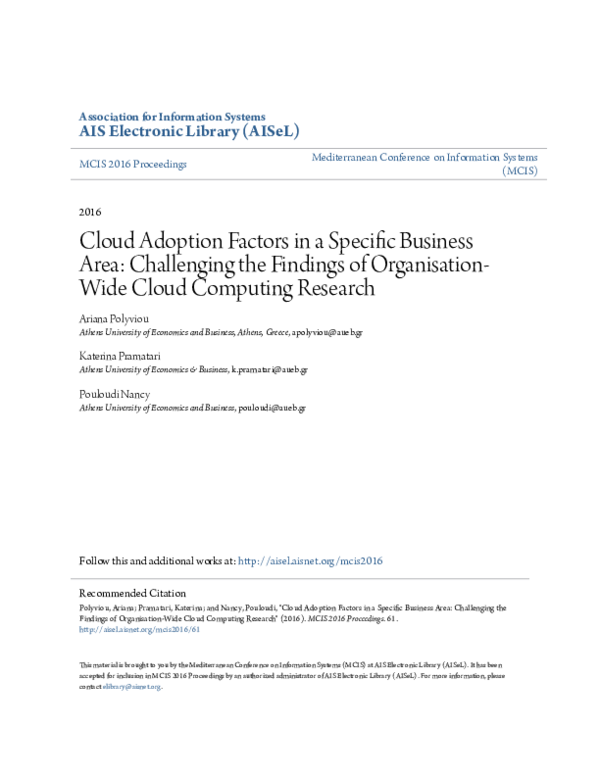 (PDF) Cloud Adoption Factors in a Specific Business Area: Challenging the Findings of ...