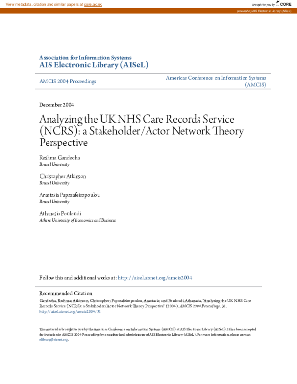 (PDF) Analyzing the UK NHS Care Records Service (NCRS): a Stakeholder ...