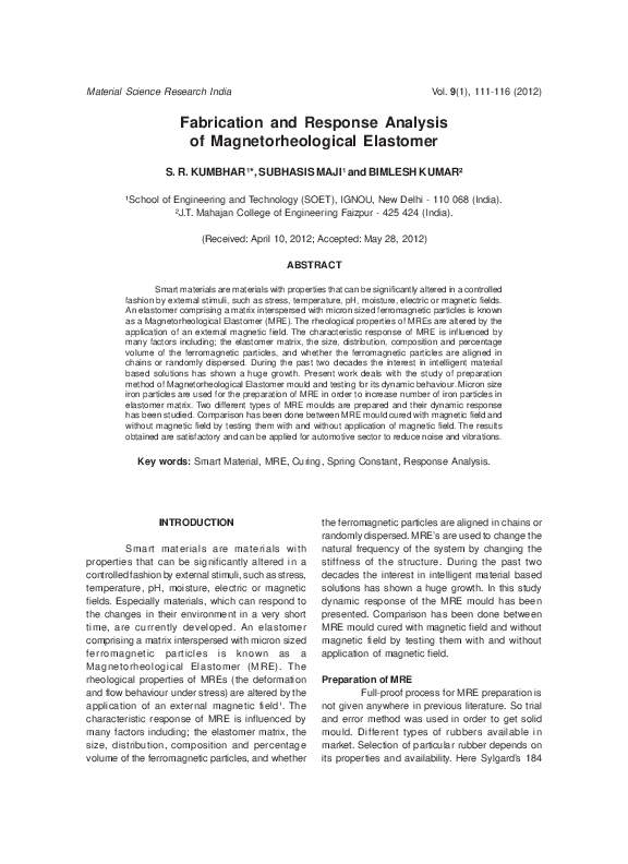 (PDF) Fabrication and Response Analysis of Magnetorheological Elastomer