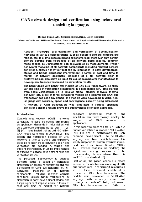 (PDF) CAN network design and verification using behavioral modeling languages
