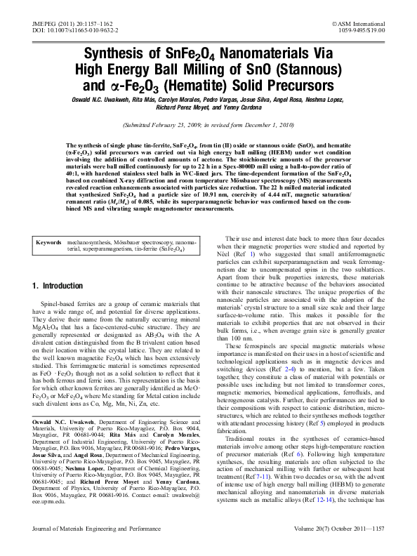 (PDF) SnFe2O4 Nanomaterials from SnO and α-Fe2O3