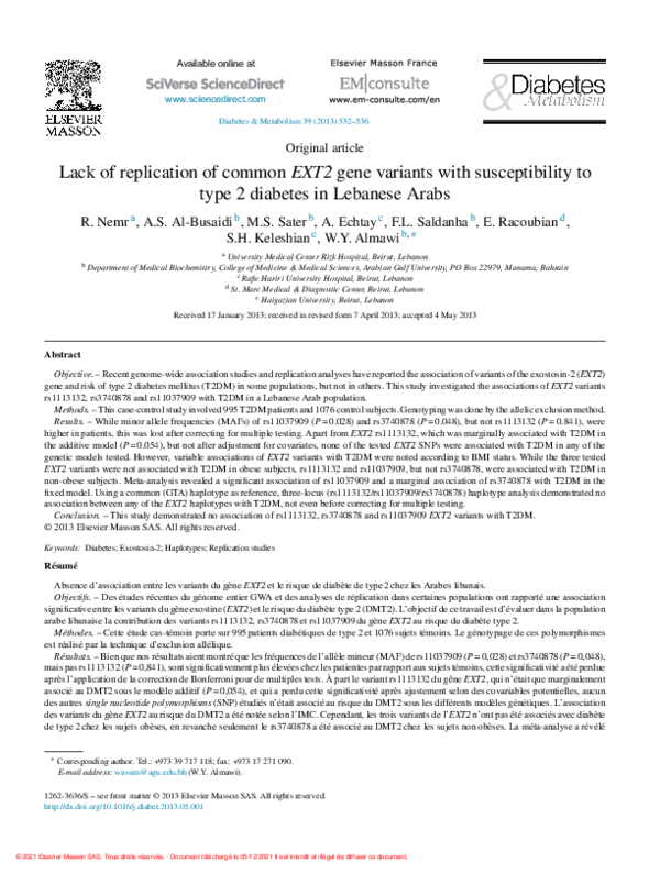 (PDF) Lack of replication of common EXT2 gene variants with ...