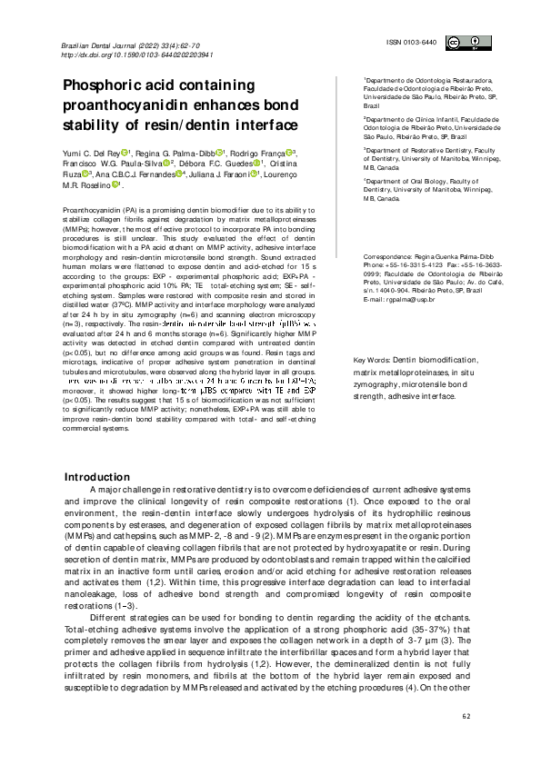 (PDF) Phosphoric acid containing proanthocyanidin enhances bond stability of resin/dentin interface
