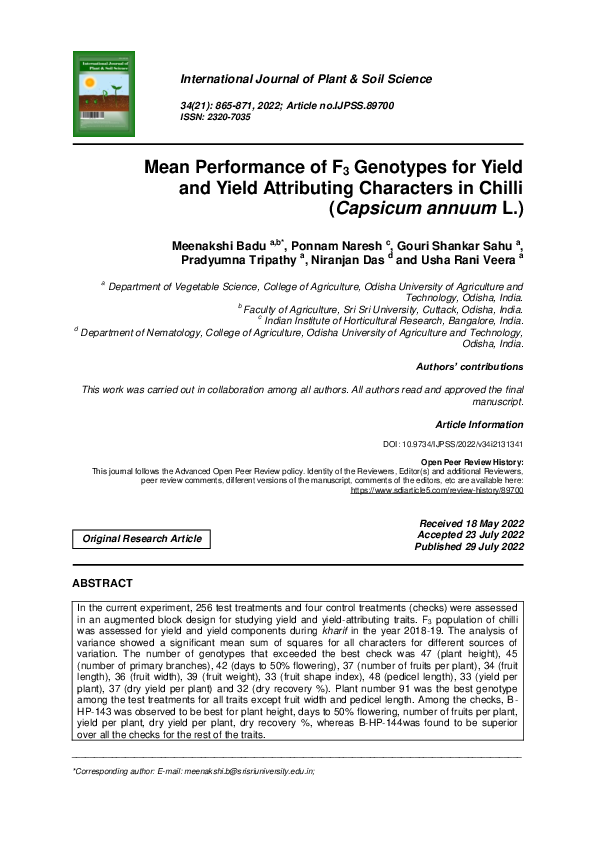 Pdf Mean Performance Of F3 Genotypes For Yield And Yield Attributing Characters In Chilli