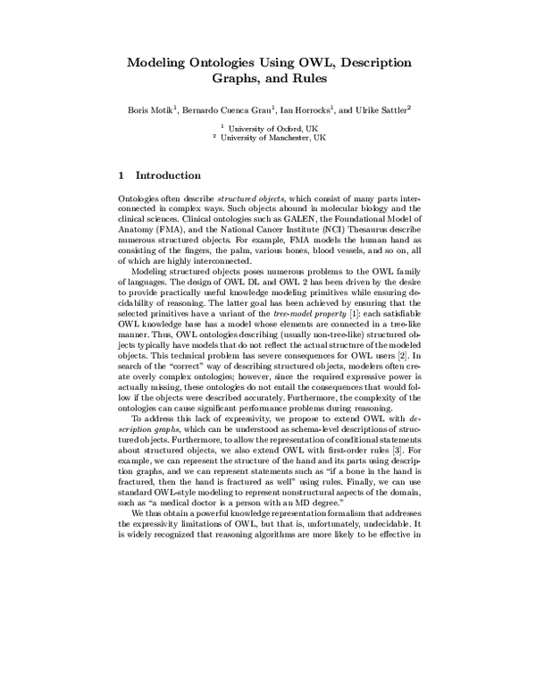 (PDF) Modeling ontologies using OWL, description graphs, and rules