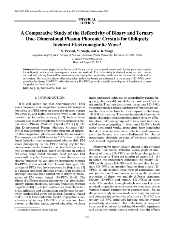 (PDF) A comparative study of the reflectivity of binary and ternary one-dimensional plasma ...