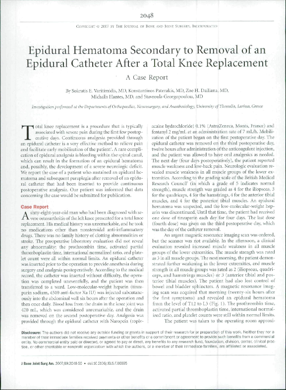(PDF) Epidural hematoma secondary to removal of an epidural catheter ...