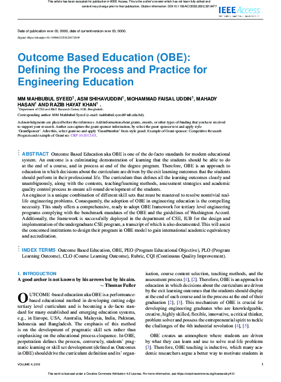 (PDF) Outcome Based Education (OBE): Defining the Process and Practice ...