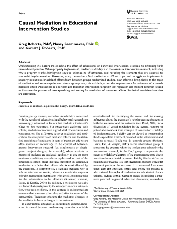 (PDF) Causal Mediation in Educational Intervention Studies