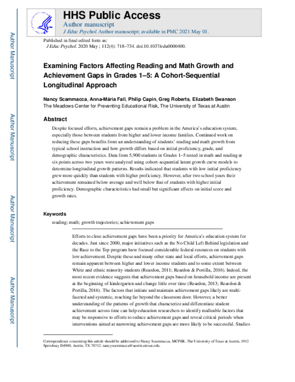 (PDF) Examining factors affecting reading and math growth and ...