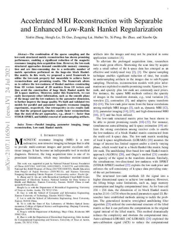 (PDF) Accelerated MRI Reconstruction With Separable and Enhanced Low-Rank Hankel Regularization