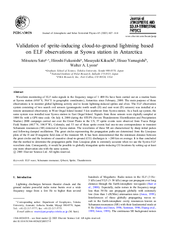 (PDF) Validation of sprite-inducing cloud-to-ground lightning based on ELF observations at Syowa ...