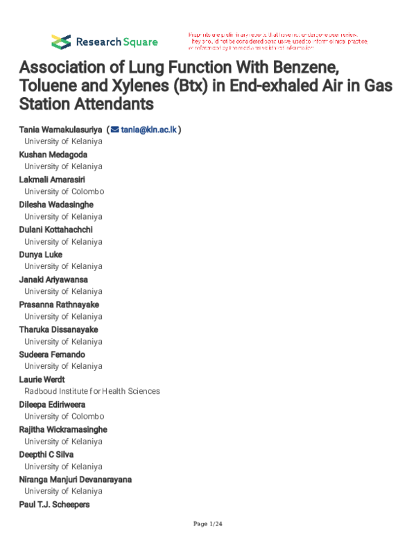 (PDF) Association of Lung Function With Benzene, Toluene and Xylenes ...