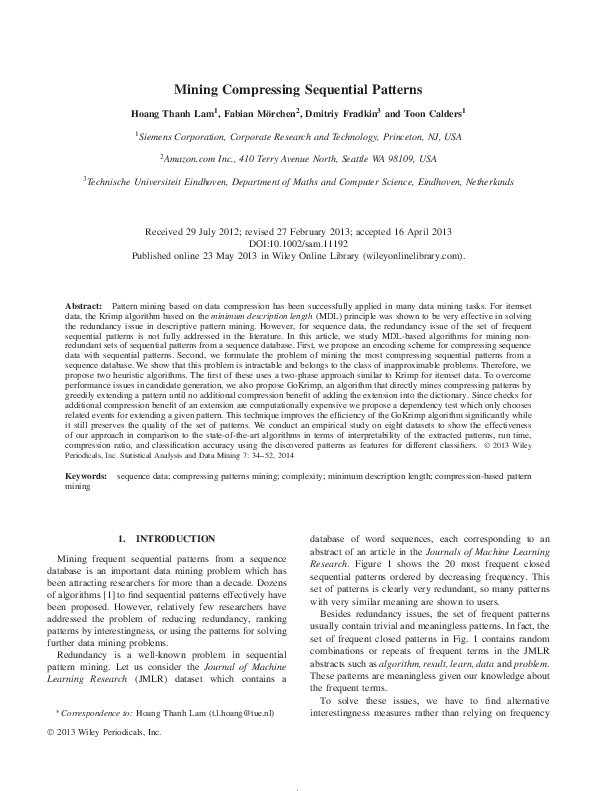 (PDF) Mining Compressing Sequential Patterns