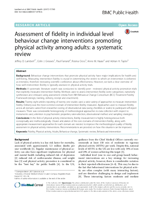 (PDF) Assessment of fidelity in individual level behaviour change interventions promoting ...