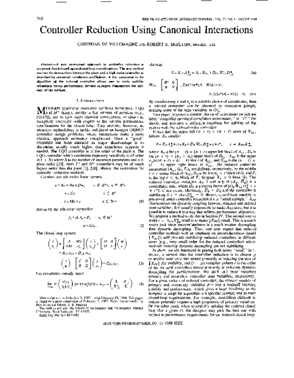 Pdf Controller Reduction Using Canonical Interactions