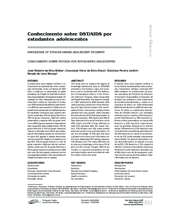 (PDF) Conhecimento sobre DST/AIDS por estudantes adolescentes
