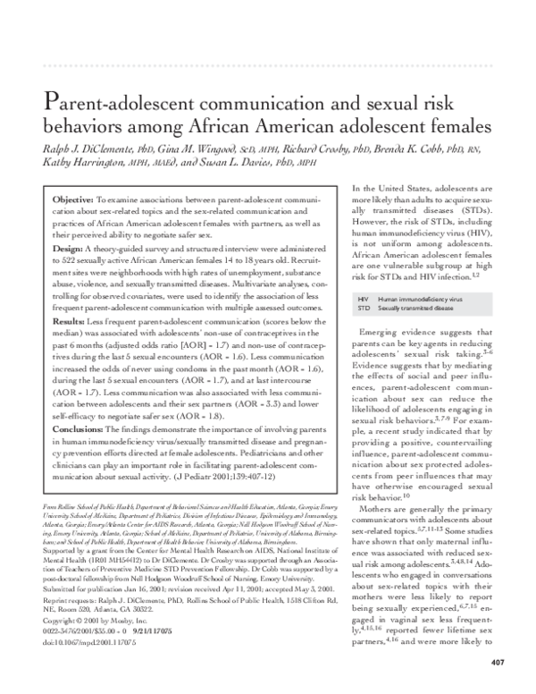 (PDF) Parent-adolescent communication and sexual risk behaviors among African American ...