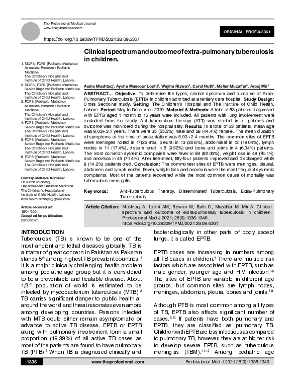 (PDF) Clinical spectrum and outcome of extra-pulmonary tuberculosis in ...