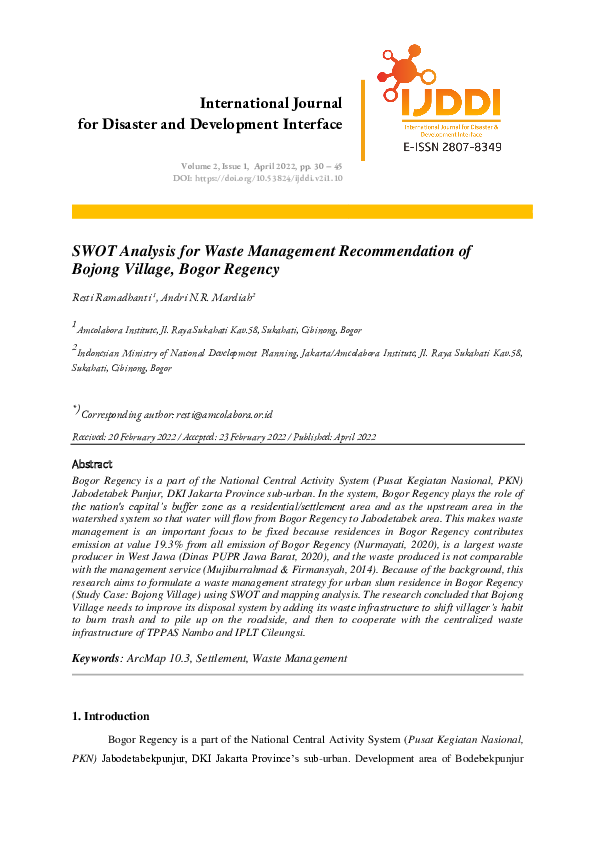 (PDF) SWOT Analysis for Waste Management Recommendation of Bojong ...