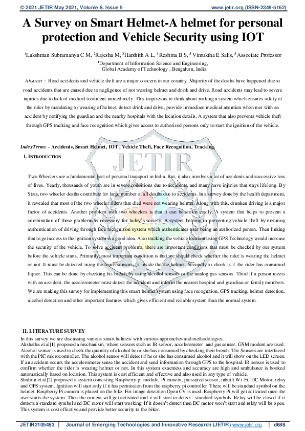 (PDF) Survey on Smart Helmet- A helmet for personal protection and ...