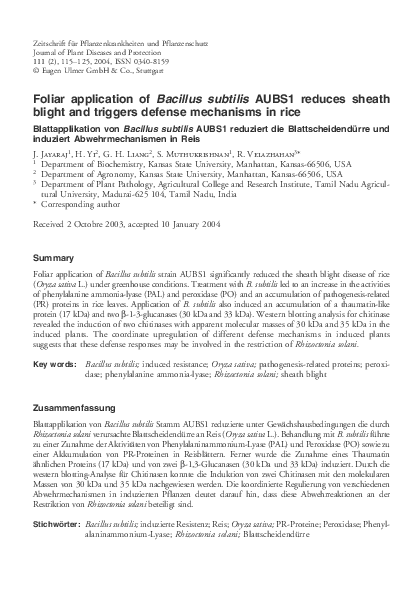 (PDF) Foliar application of Bacillus subtilis AUBS1 reduces sheath ...