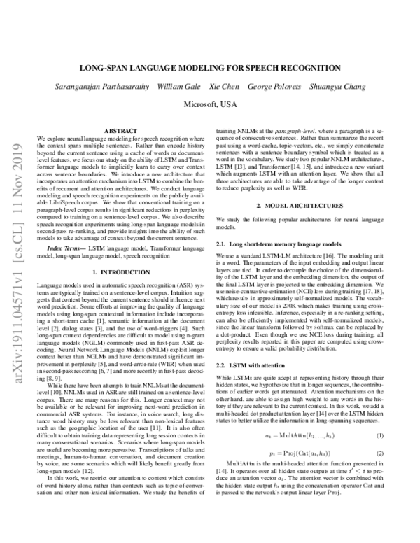 (PDF) Long-span language modeling for speech recognition