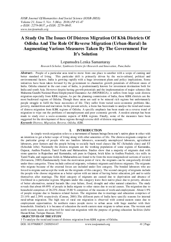 (PDF) A Study On The Issues Of Distress Migration Of Kbk Districts Of ...