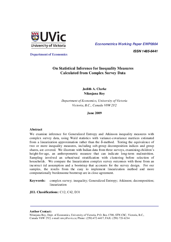 (PDF) On statistical inference for inequality measures calculated from ...