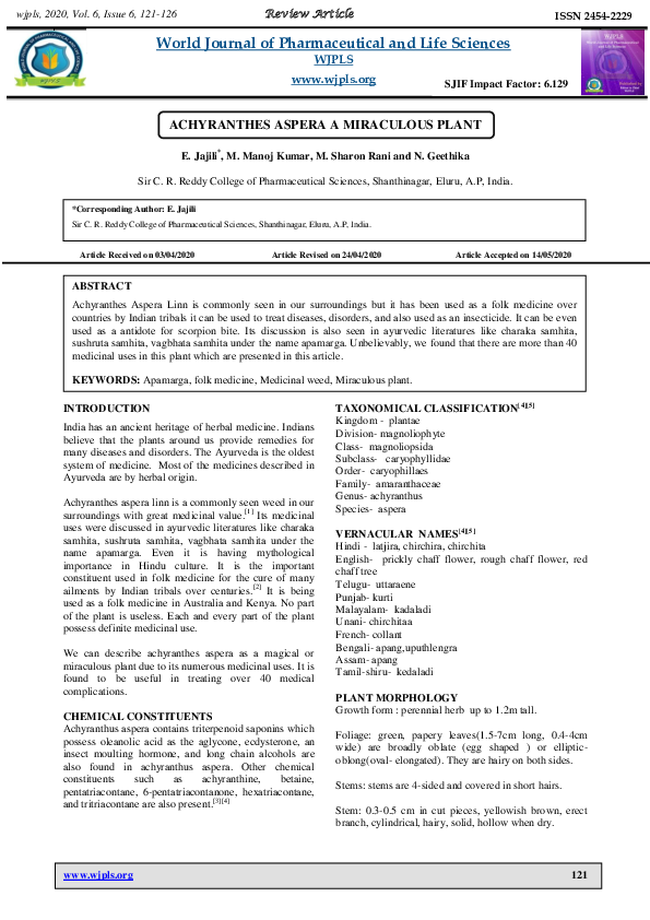 (PDF) Achyranthes Aspera a Miraculous Plant