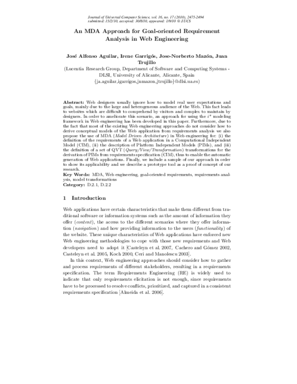 Pdf An Mda Approach For Goal Oriented Requirement Analysis In Web Engineering José Aguilar