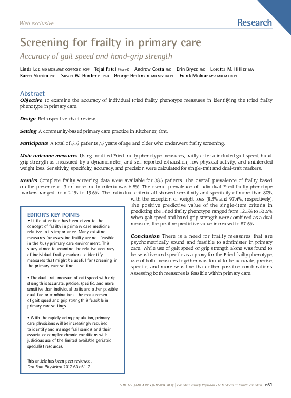 (PDF) Screening for frailty in primary care: Accuracy of gait speed and ...