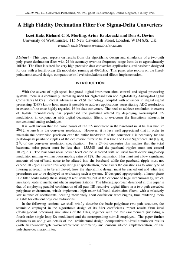 (PDF) A high fidelity decimation filter for sigma-delta converters