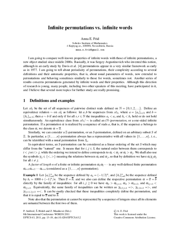 (PDF) Infinite permutations vs. infinite words