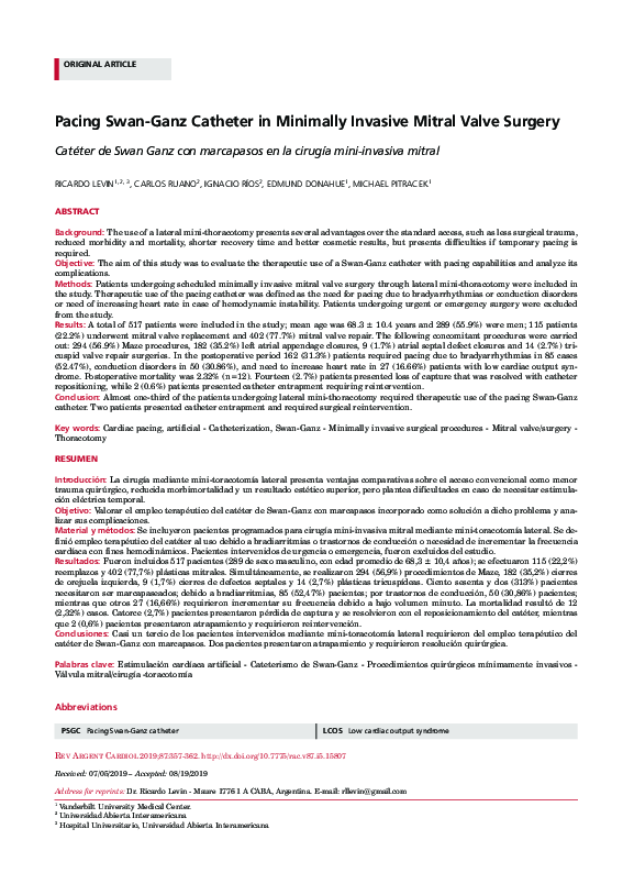 (PDF) Pacing Swan-Ganz Catheter in Minimally Invasive Mitral Valve Surgery