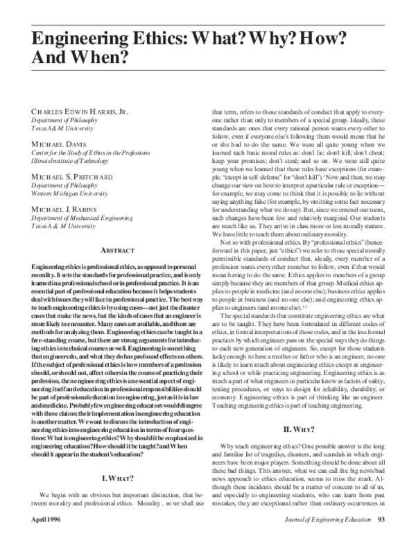 (PDF) Engineering Ethics: What? Why? How? And When?
