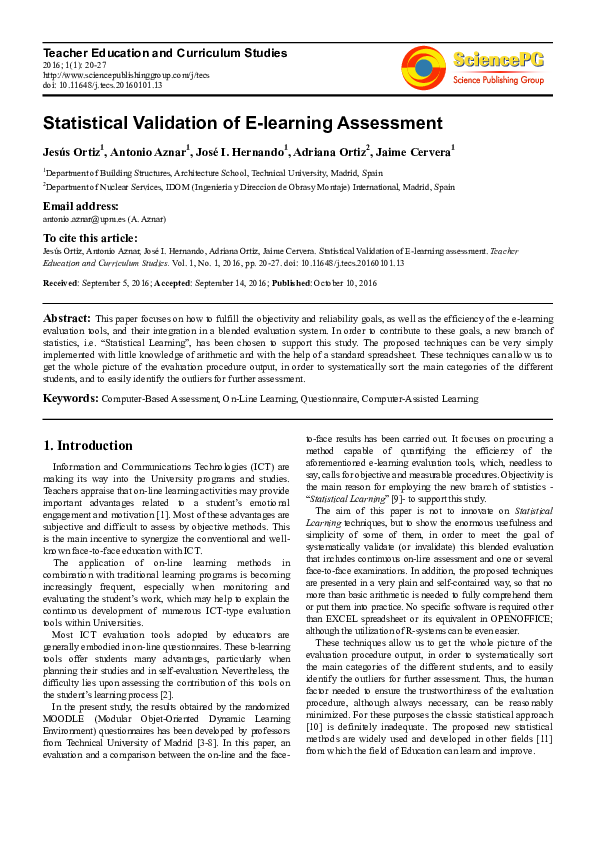 (PDF) Statistical Validation of E-learning Assessment