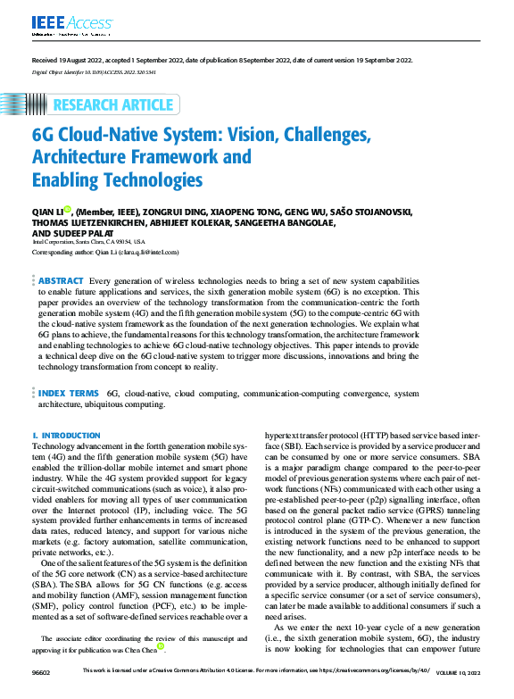 (PDF) 6G Cloud-Native System: Vision, Challenges, Architecture Framework and Enabling Technologies