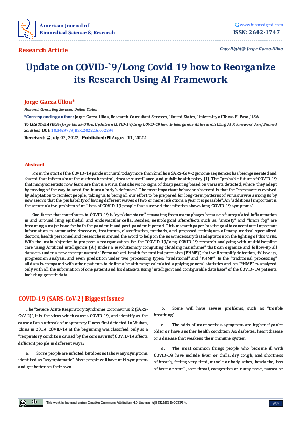 (PDF) Update on COVID-`9/Long Covid 19 how to Reorganize its Research ...